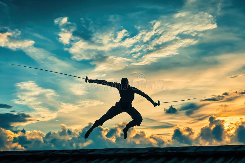 Ninja Performing an Acrobatic Sword Duel Against a Sunset Backdrop in ...