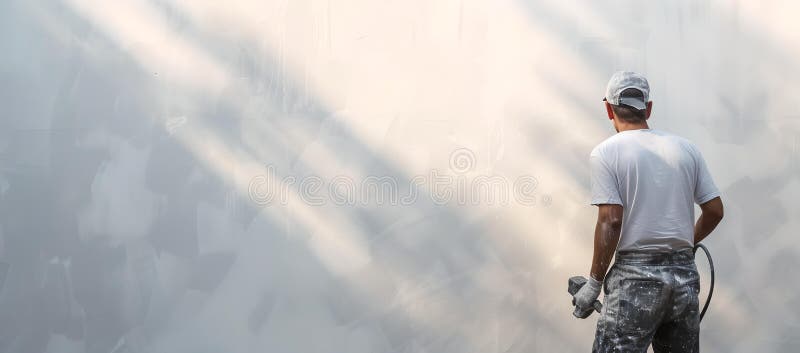 Professional Painter at Work, Spraying Paint on a Wall. Man Renovating ...