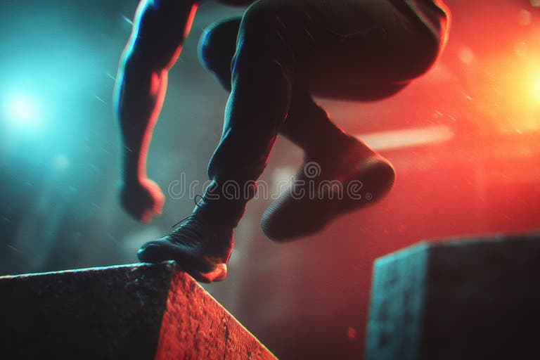 Dynamic Parkour Athlete Leaping Over Concrete Blocks in an Urban ...