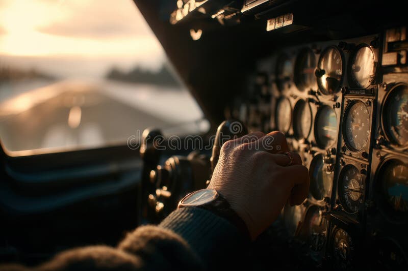 Skilled Pilots Hand Adjusting Intricate Dials in Cockpit during Sunset ...