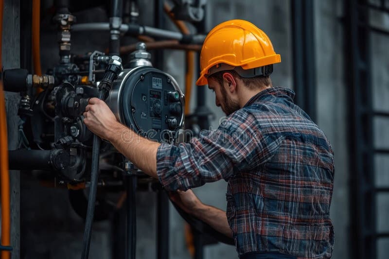 Skilled Plumber in Hard Hat Adjusting Equipment in Industrial Setting ...