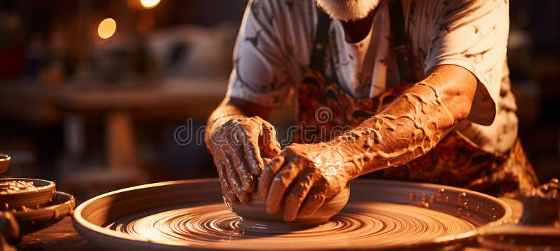 Skilled Potter Creating Coordinated Ceramics on Wheel in Vibrant Studio ...