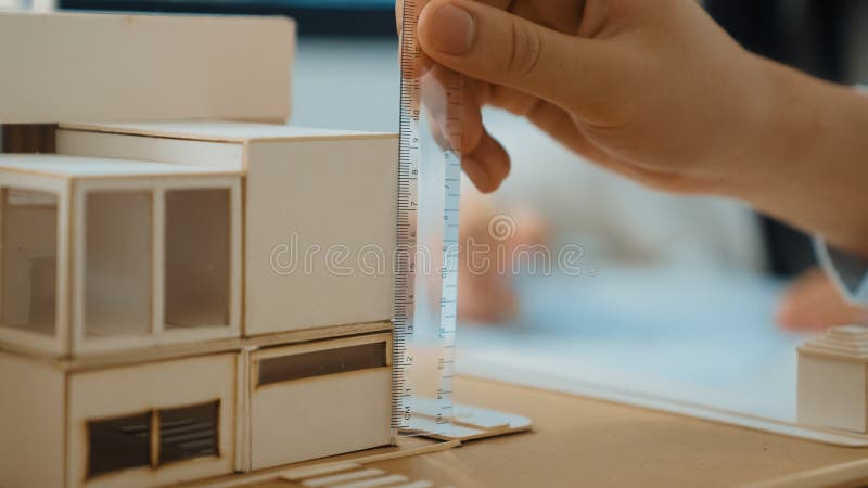Skilled Professional Engineer Hand Using Ruler Measures House Model ...