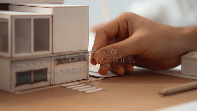 Skilled Professional Engineer Hand Using Ruler Measures House Model ...