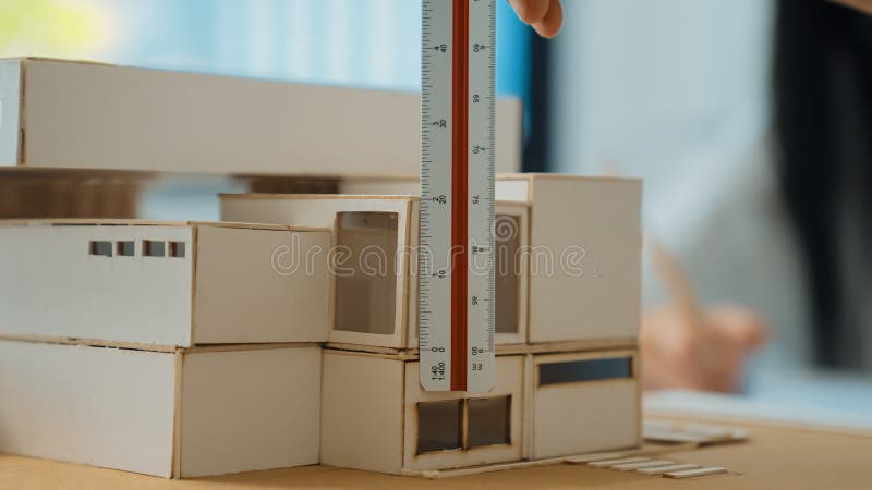 Skilled Professional Engineer Hand Using Ruler Measures House Model ...