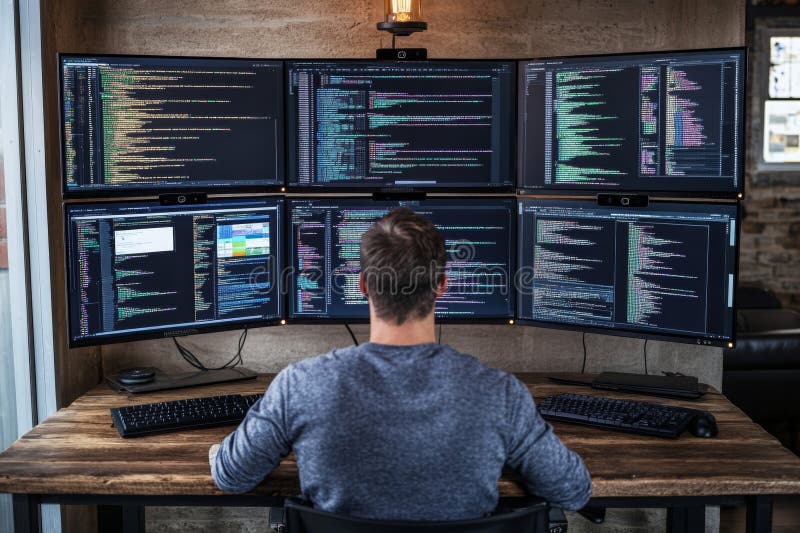 A Skilled Programmer Is Immersed In Work Managing Multiple Monitors Lines Of Code In Various