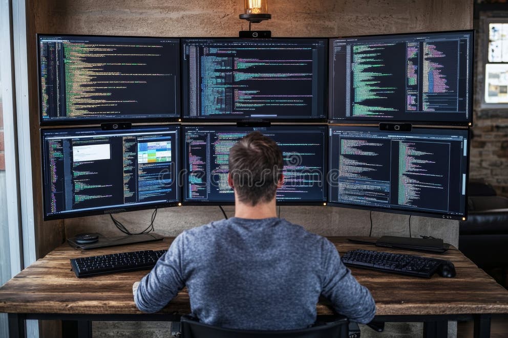 A Skilled Programmer is Immersed in Work, Managing Multiple Monitors. Lines of Code in Various ...