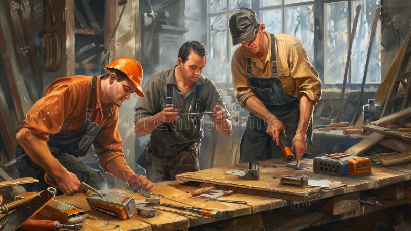 A Skilled Repair Team Collaborates at a Workbench, Using Various Tools ...