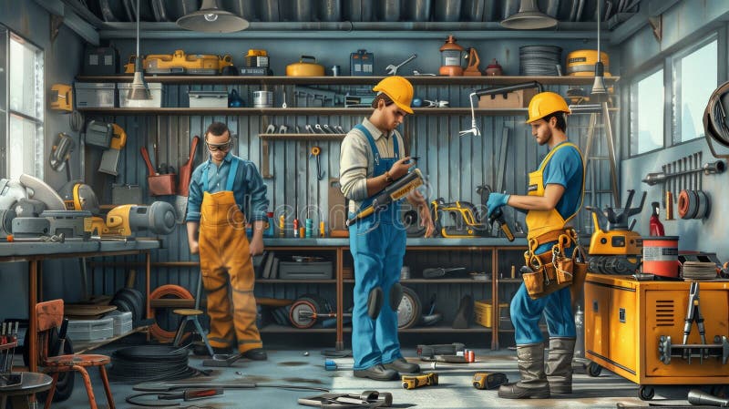 A Skilled Repair Team Collaborates in a Workshop, Utilizing Various ...