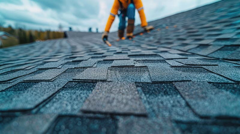 A Roofer Installing Shingles on a Residential Roof Under a Cloudy Sky ...