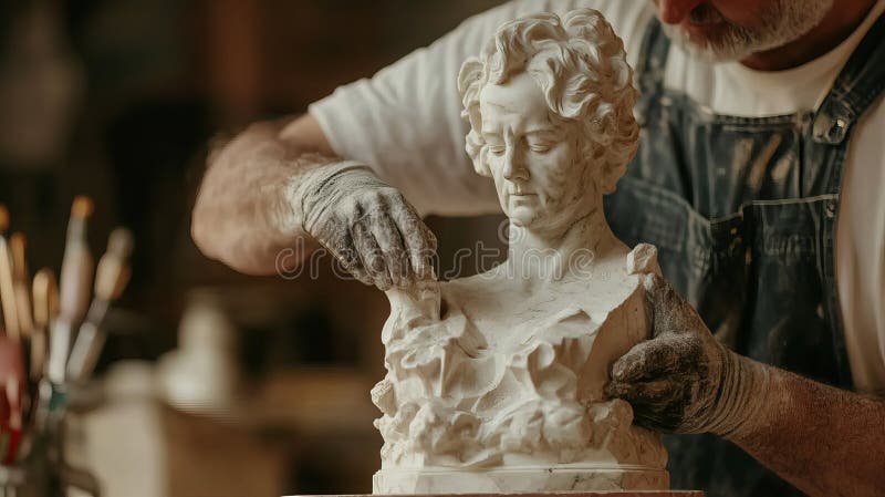 Sculptor Crafting a Detailed Marble Statue in Artisan Studio ...