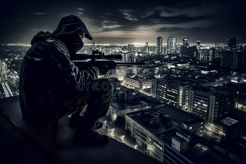 Stealthy Sniper Perched on Rooftop (AI Generated) Stock Illustration ...