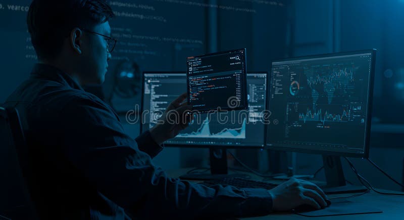 Focused Developer Coding and Analyzing Data in a High-tech Office Environment Stock Illustration ...