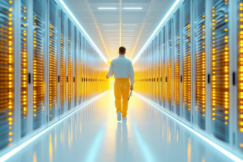 A Skilled Tech Navigates a Bright Server Corridor Filled with Advanced ...