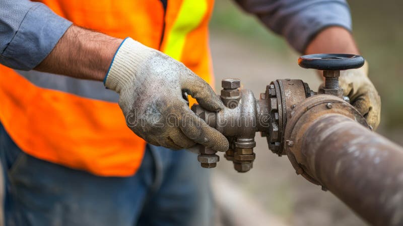 Technician Adjusts Aged Gas Pipe Valve in Expansive Industrial Field ...