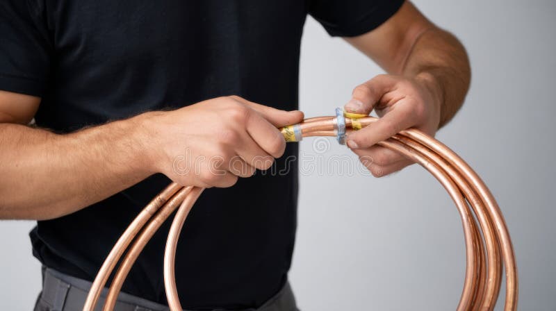 Skilled Technician Connecting Copper Pipes for Plumbing Installation in ...