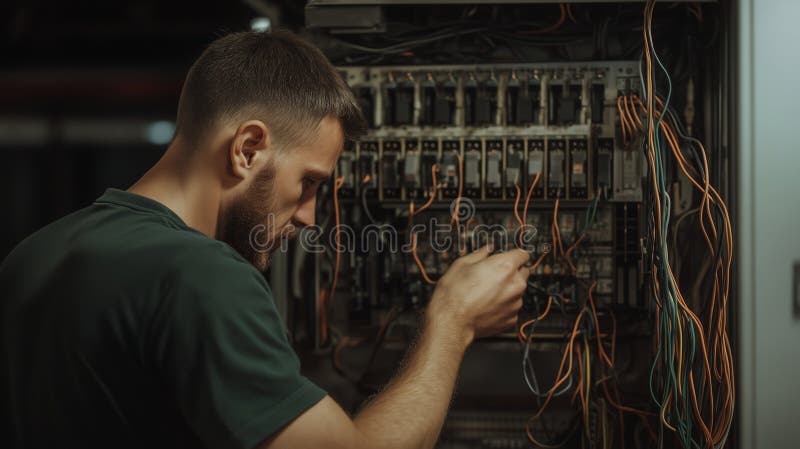 Technician Working on Electrical Panel Wiring at a Facility during ...