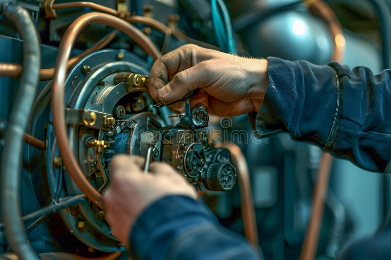 Technician Working on Mechanical Device with Tools in Industrial ...