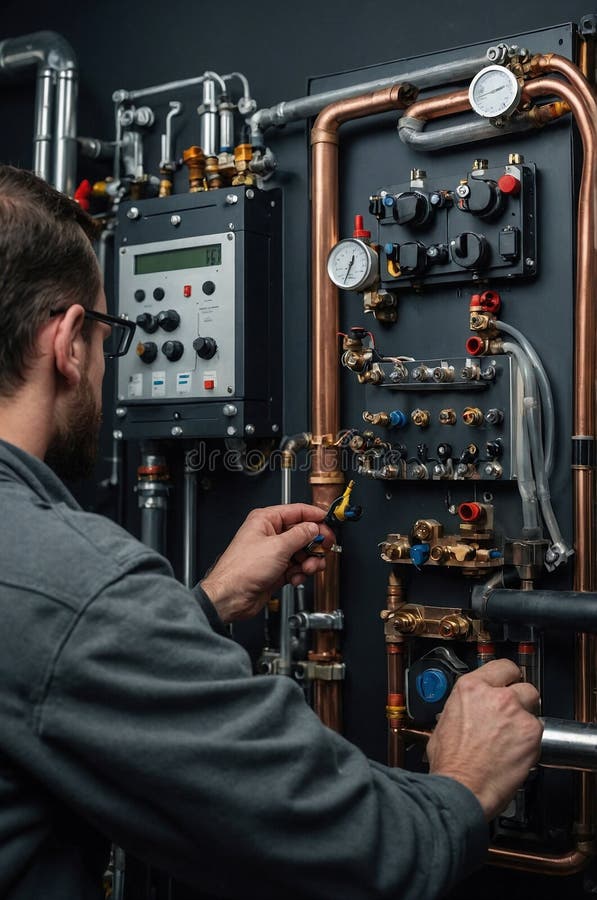 Technician Repairing a Boiler and Heating System with Various Controls ...