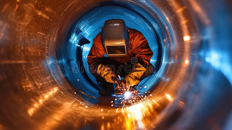 Professional Welder Working Inside Steel Pipe Sparks Equipment Stock ...