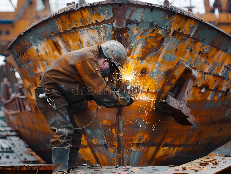Skilled Welder Intently Grinding Metal during Ship Assembly Process ...