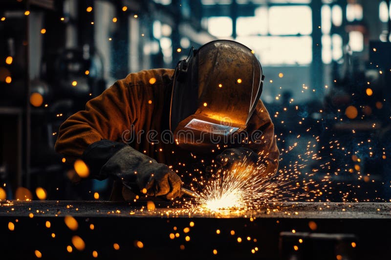 Welder in Action Creating Sparks in a Dark Workshop with Intense ...
