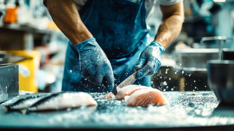 A Skilled Worker in a Blue Apron and Rubber Gloves Expertly Cuts Fish ...