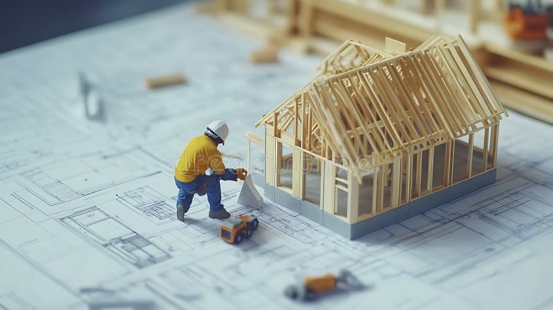 Skilled Worker Building House on Detailed Blueprints Stock Image ...