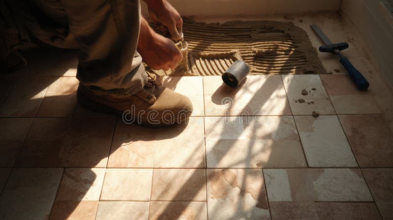 Skilled Worker Installing Tiles in a Bright Room during Daytime Stock ...