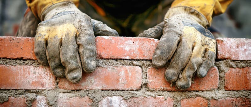 A Skilled Worker in Gloves Meticulously Laying Bricks at a Construction ...