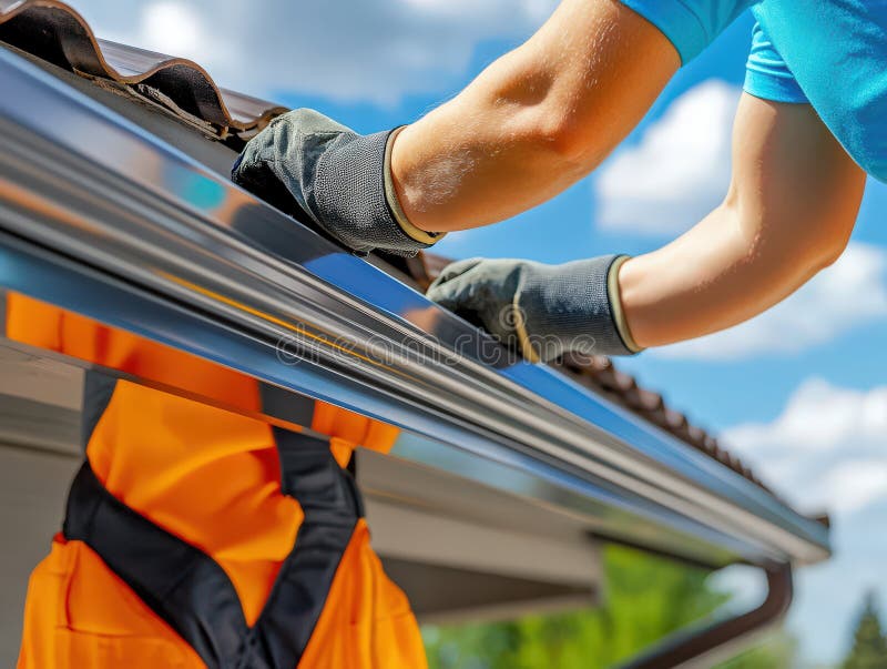 Skilled Worker Performing Gutter Installation on Home Roof during ...