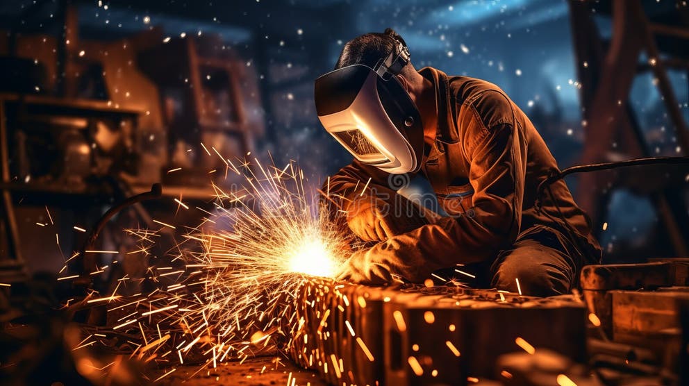 Skilled Worker Performing Precise Arc Welding with Electric Welder in ...
