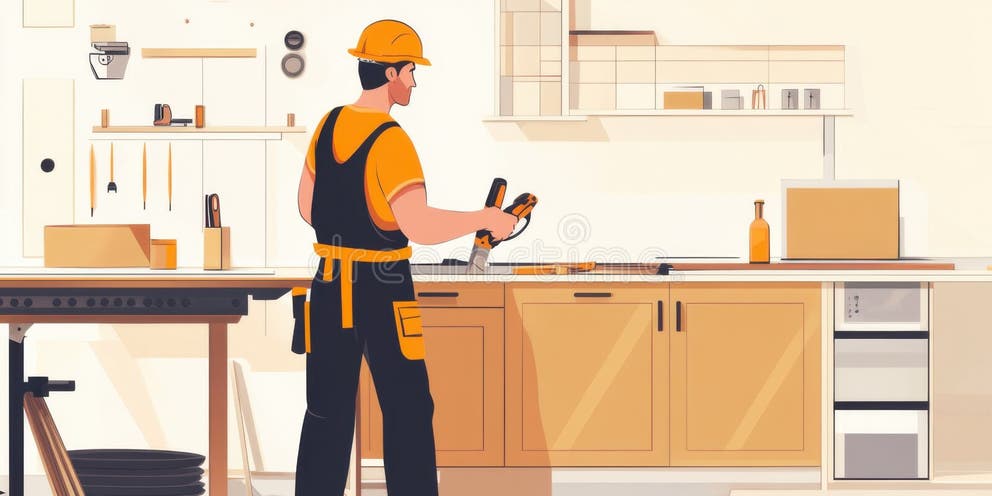 Skilled Worker Uses Tools in a Modern Kitchen Workspace during a ...