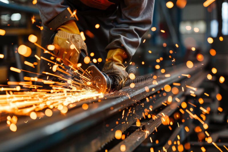 A Skilled Worker Using an Angle Grinder on a Piece of Metal Stock Image ...