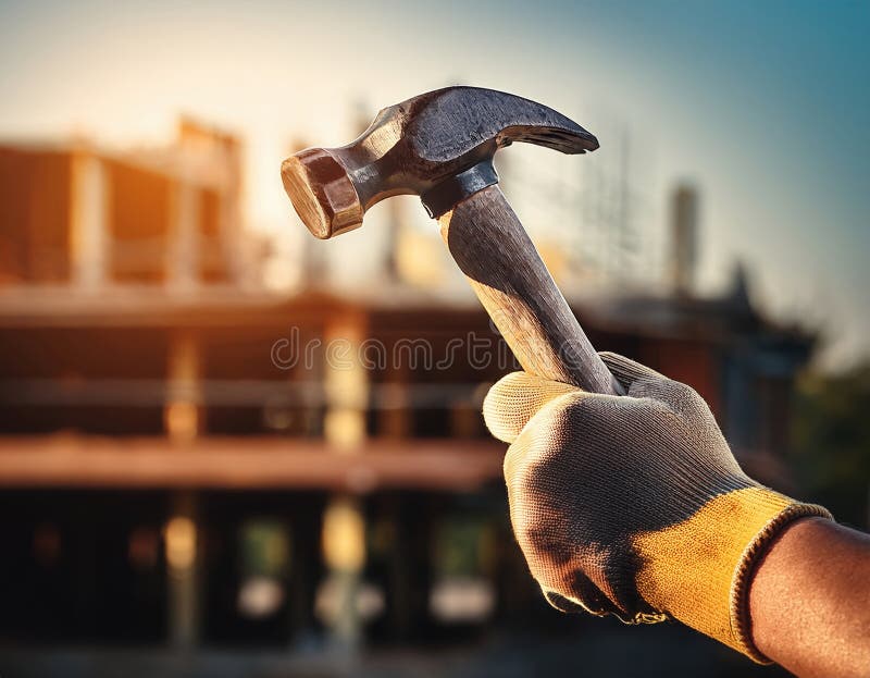 Skilled Worker Using a Hammer on a Construction Site during Sunset Stock Illustration ...