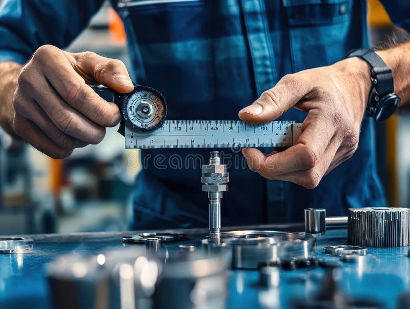 Skilled Worker Measuring Precision Components in a Workshop with Tools and Machinery, Showcasing ...