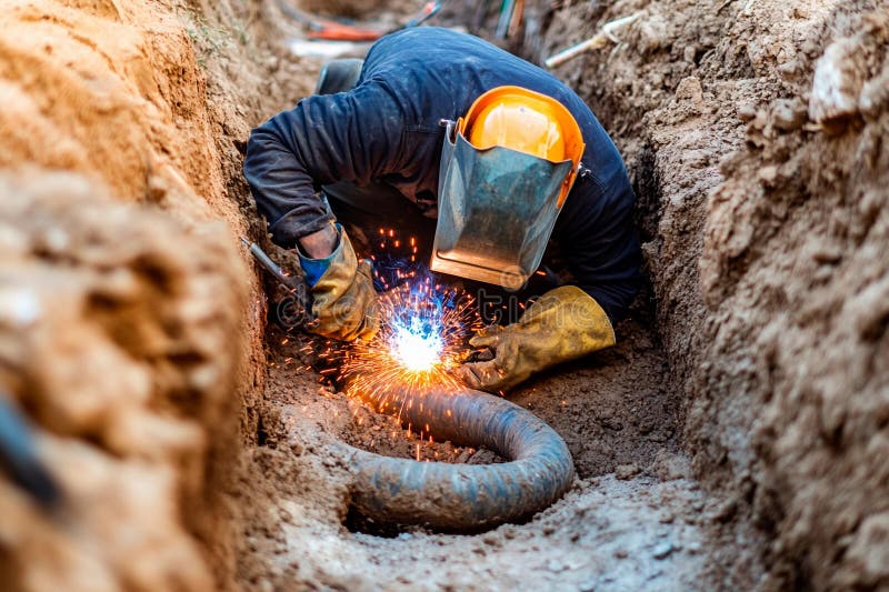 Skilled Worker Welding in a Deep Trench at a Construction Site during ...