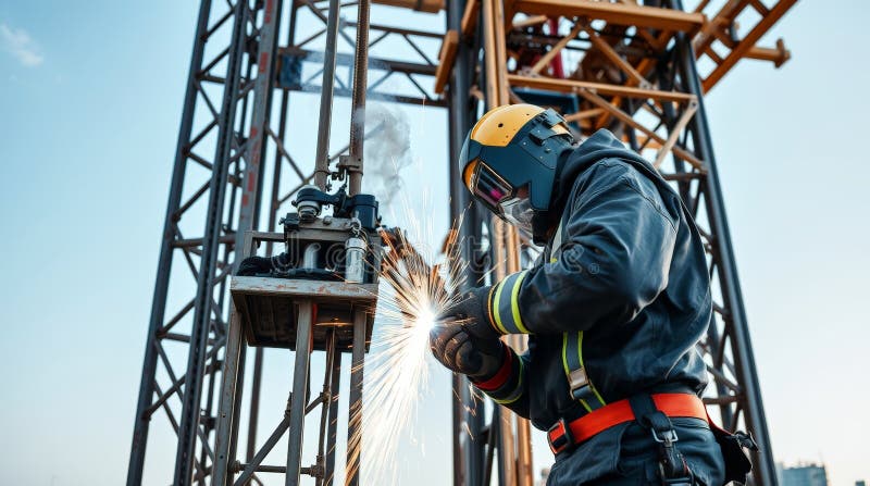 Skilled Worker Welding Metal Beams at High Altitude on Skyscraper with ...