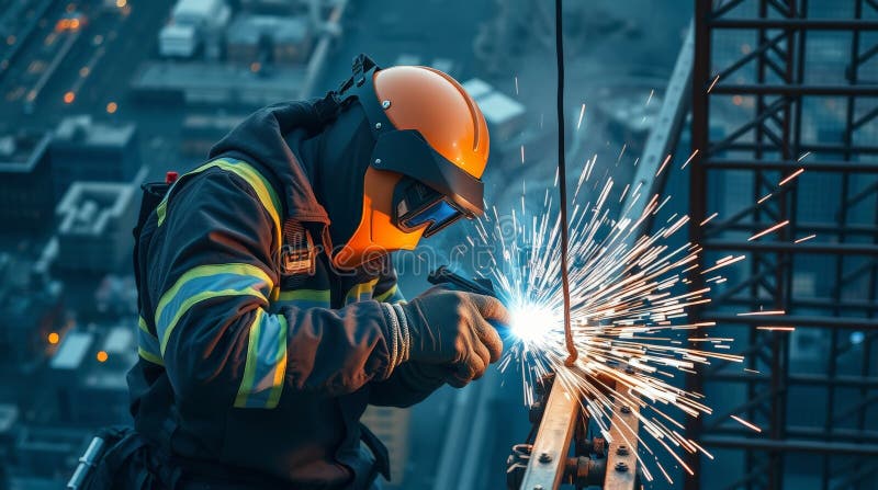 Skilled Worker Welding Metal Beams at High Altitude on Skyscraper with ...