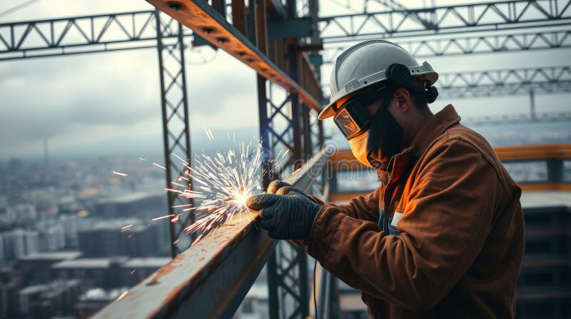Skilled Worker Welding Metal Beams at High Altitude on Skyscraper with ...