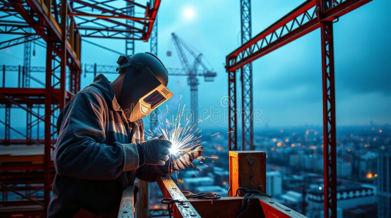 Skilled Worker Welding Metal Beams at High Altitude on Skyscraper with ...