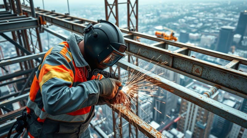 Skilled Worker Welding Metal Beams at High Altitude on Skyscraper with ...