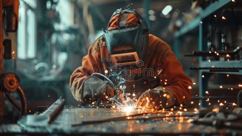 Skilled Worker Welding Metal Components with Sparks Flying in an ...