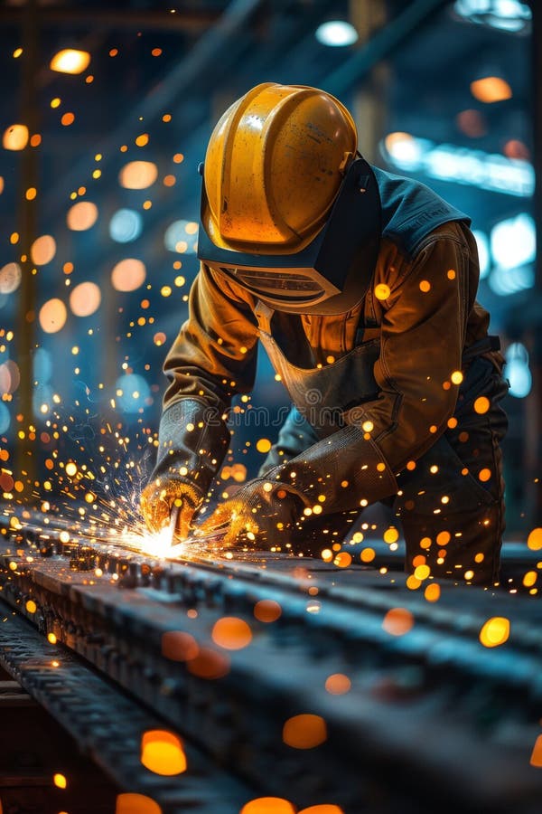 Skilled Worker Welding Metal Components with Sparks Flying in Workshop ...