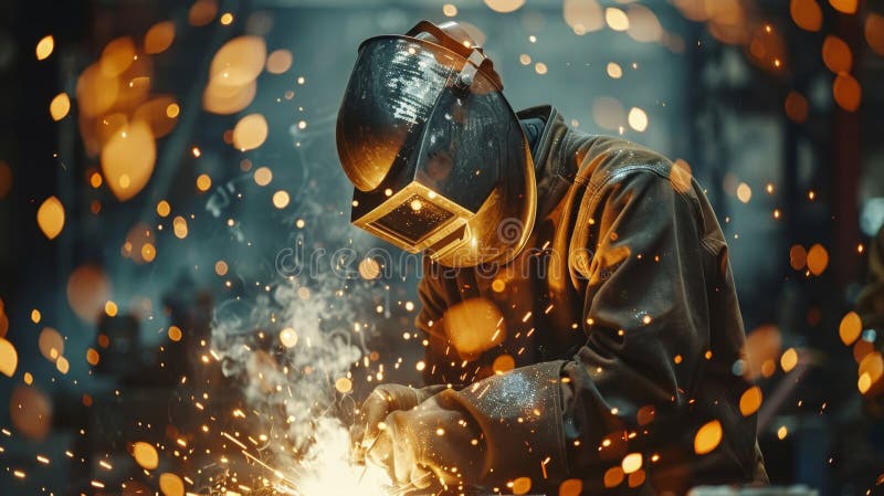 Skilled Worker Welding Metal Components in Workshop with Sparks Flying ...