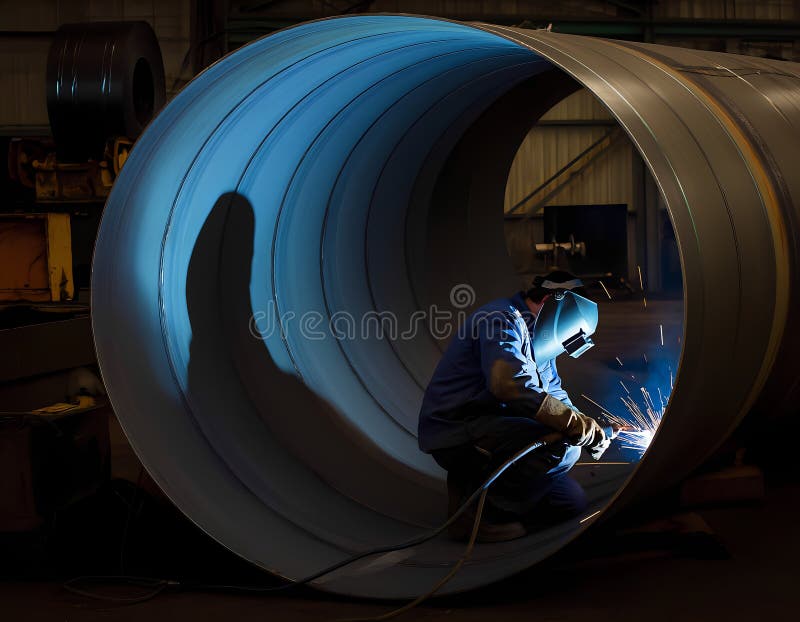 A Skilled Worker Welds Inside a Large Metal Pipe, Creating Sparks and ...