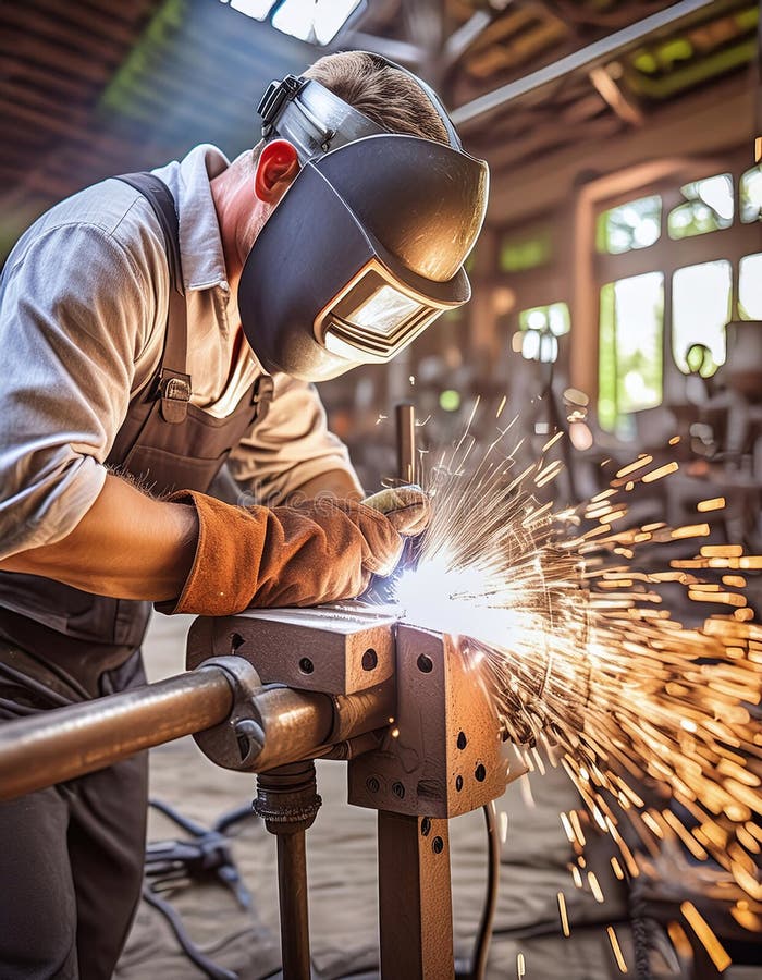 A Skilled Worker Welds Metal, Sparks Flying Stock Illustration ...
