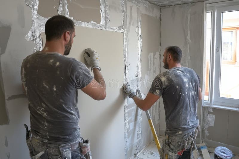 Skilled Workers Applying Drywall in a Renovation Project Inside a ...
