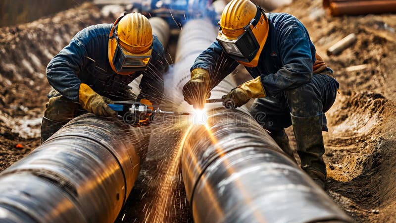 Skilled Workers are Engaged in Welding Large Pipes at an Outdoor ...