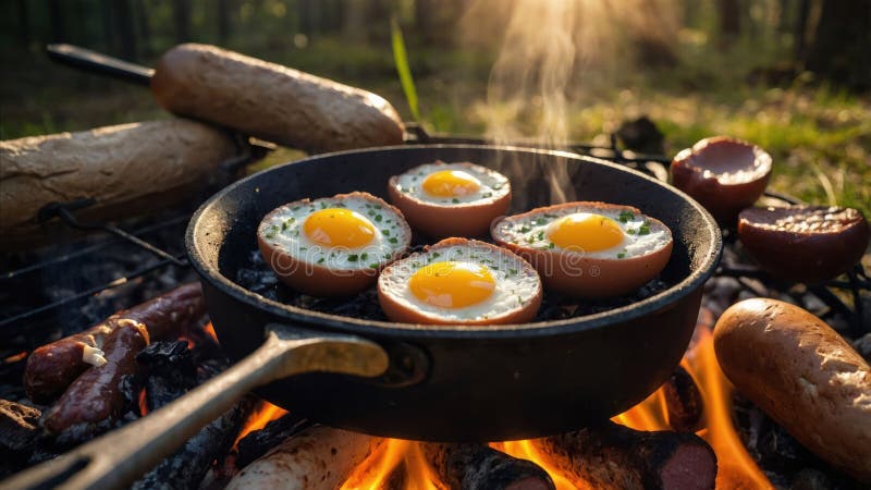 A Skillet with Eggs Frying Over an Open Fire in a Forest Setting Stock ...